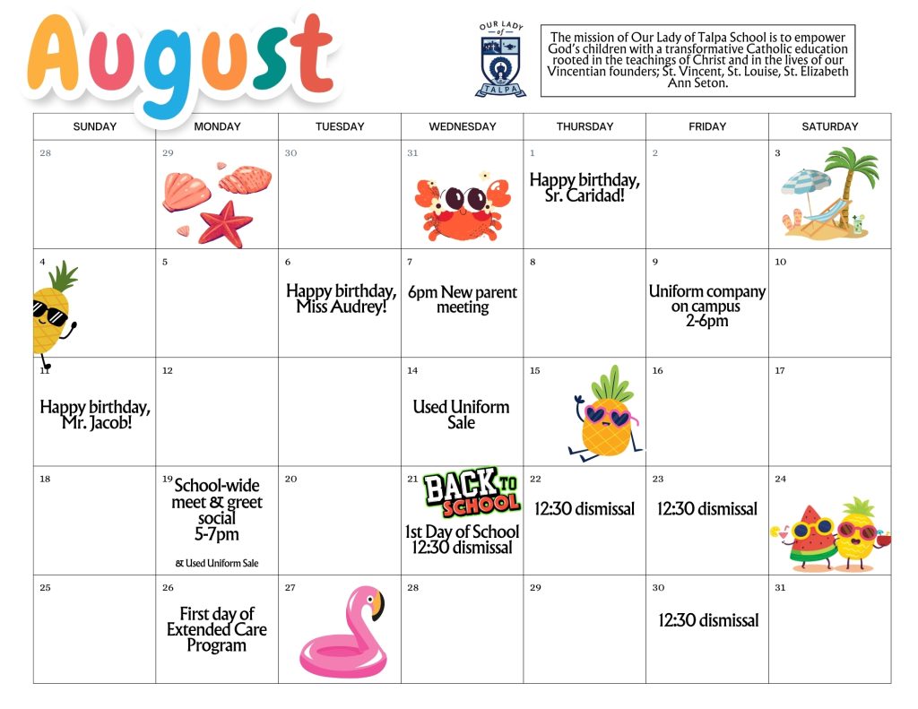 August Calendar of Events & School Supplies | Our Lady of Talpa School