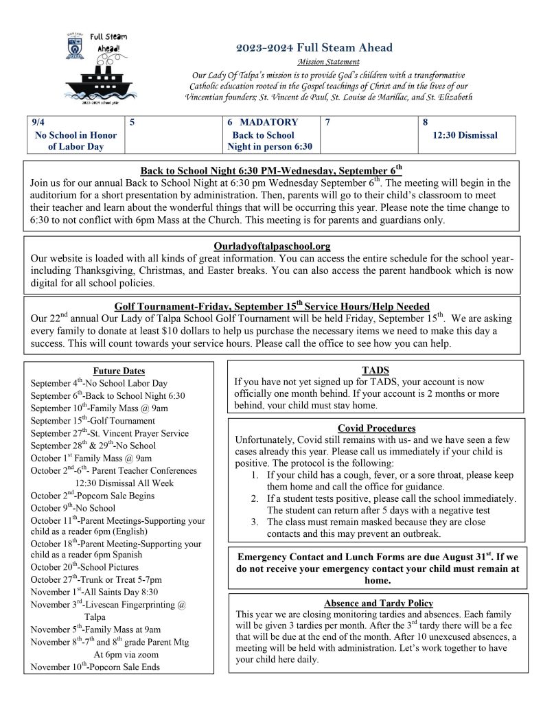 Weekly Newsletter No. 2 | Our Lady of Talpa School